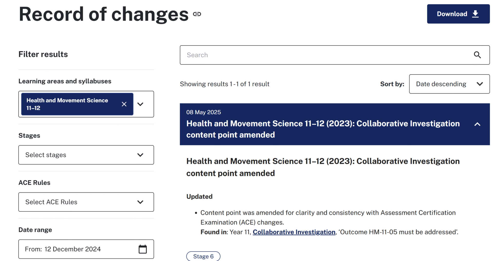 Record of Changes – NESA update to CI requirements – ACHPER NSW